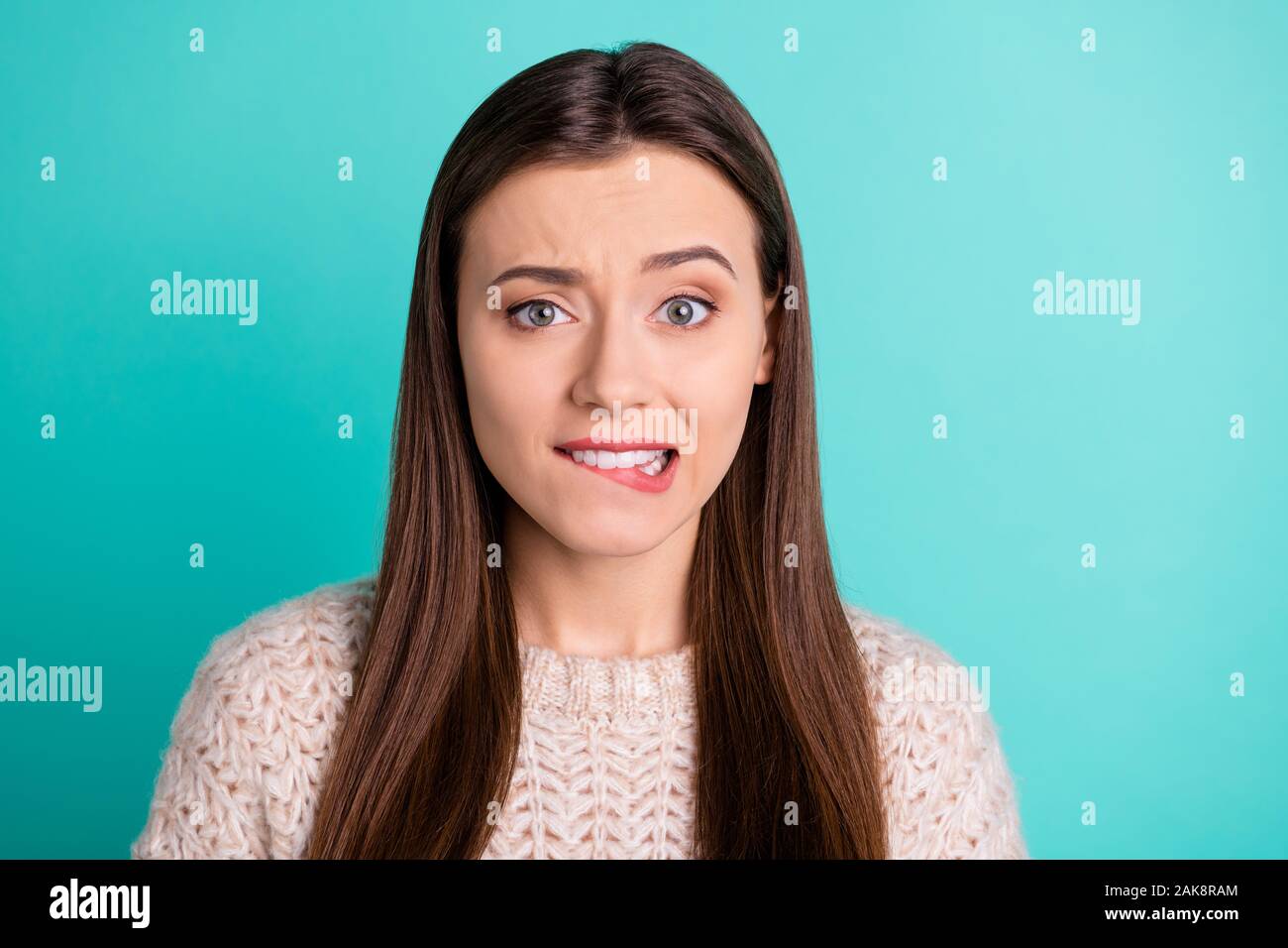 Close Up Photo Of Trendy Frightened Attractive Gorgeous Sweet Girlfriend Biting Her Lips In Fear