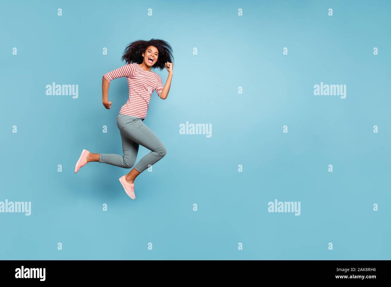 Full length body size profile side photo of cute running jumping girl ...