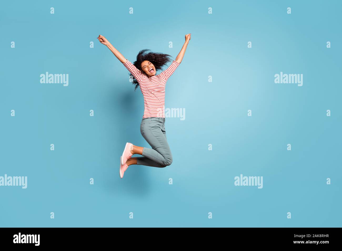 Full length body size profile side photo of screaming shouting cheerful ...