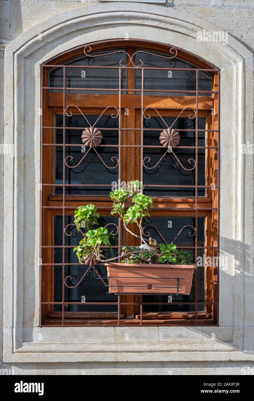 Vintage window with flowers and decorative iron railings in Istanbul ...
