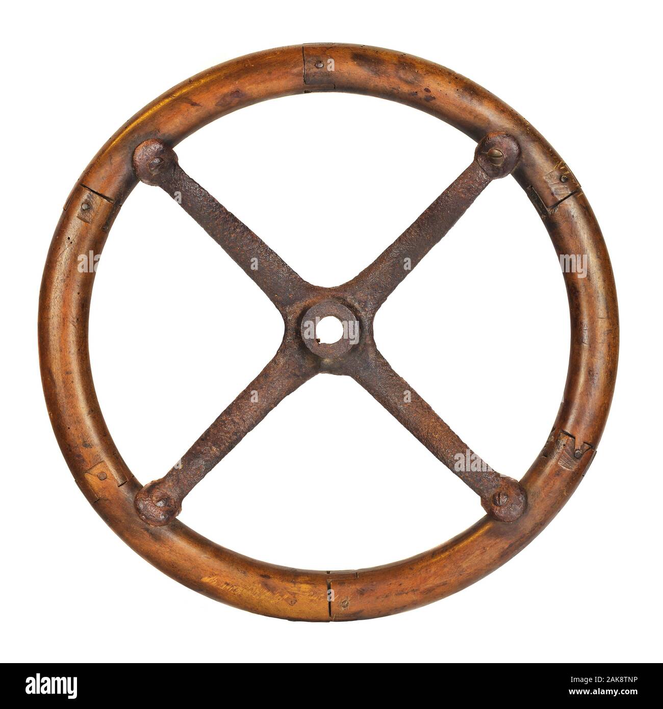 Antique wooden classic car steering wheel isolated on a white ...