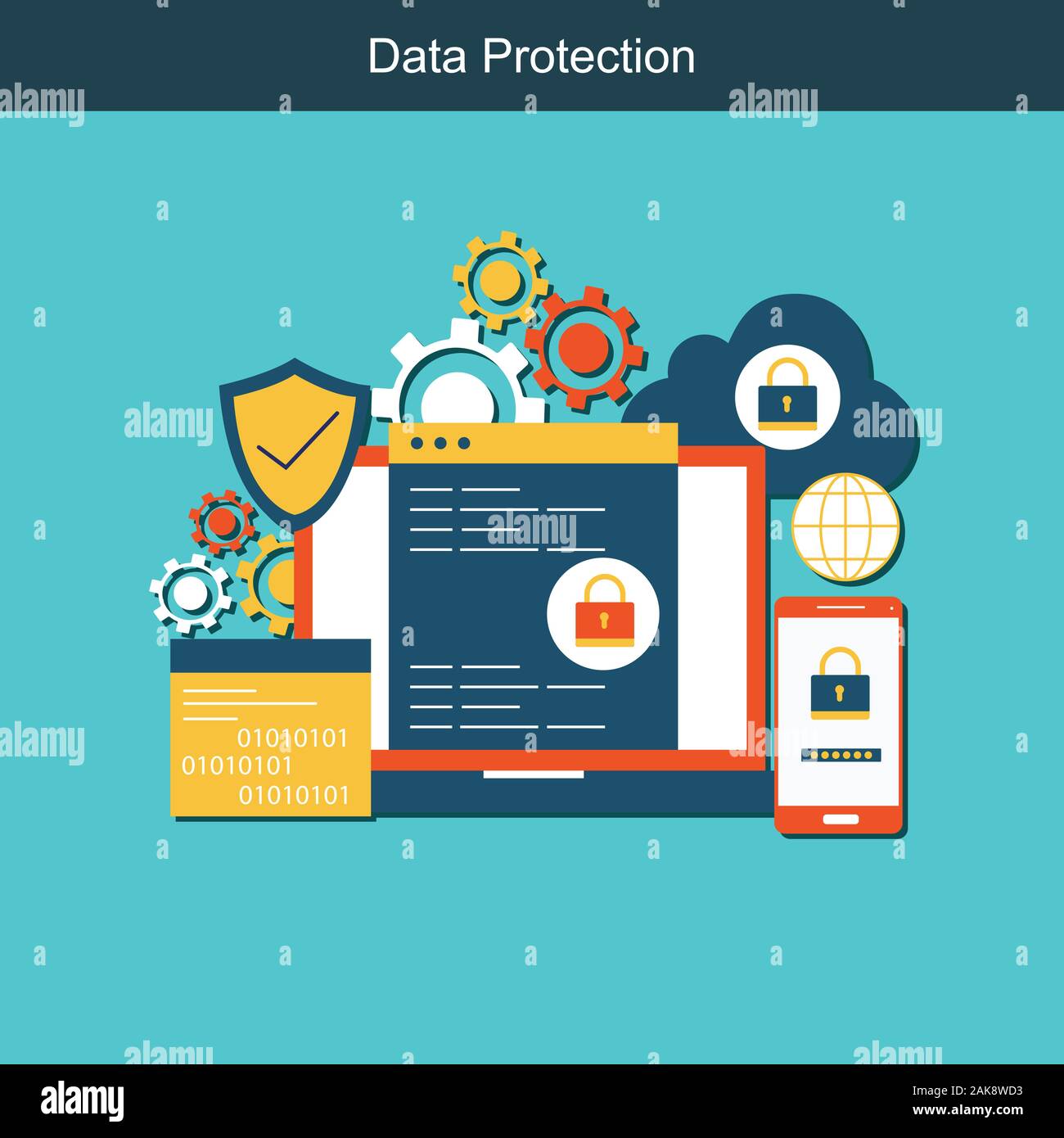 data protection concept. Hand holding smartphone, shield lock icon ...
