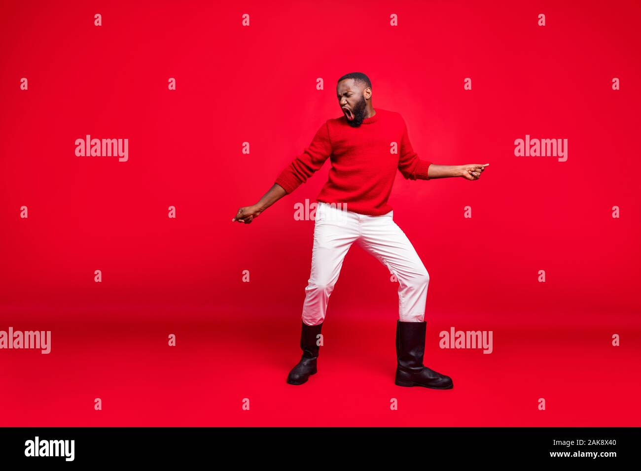 Full length body photo of positive cheerful mad guy having fun joy ...