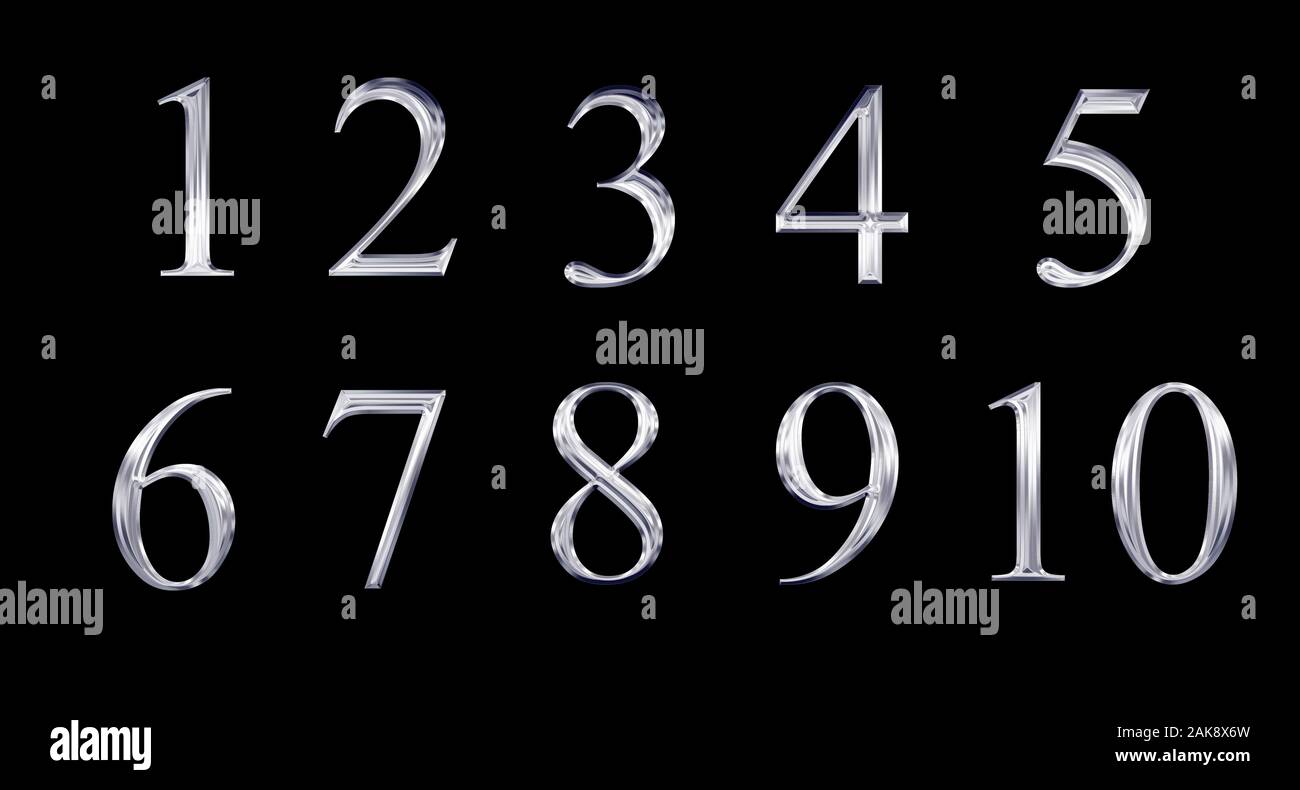 Set of reflective chrome numbers isolated on blue background. Set of ...