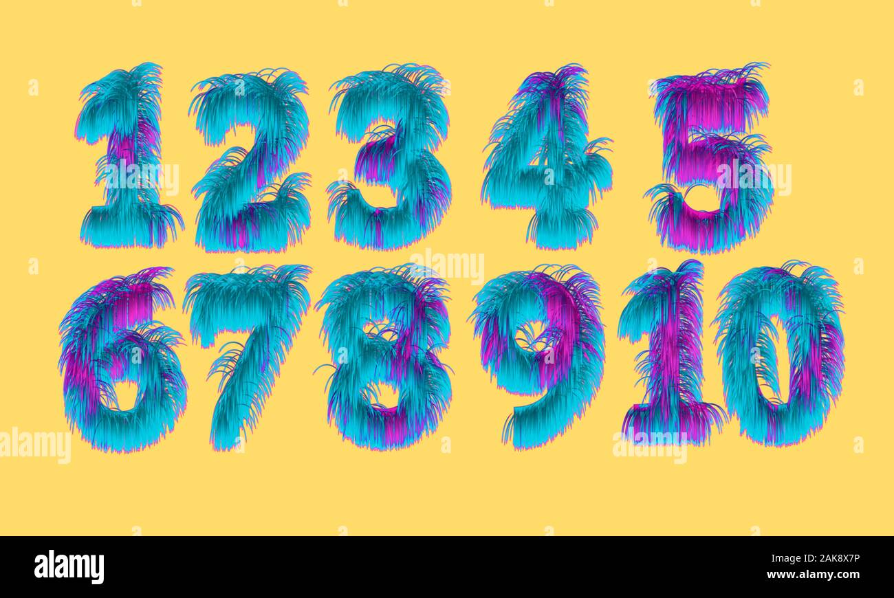 Set of yellow fluffy numbers isolated on blue background. Set of icons ...