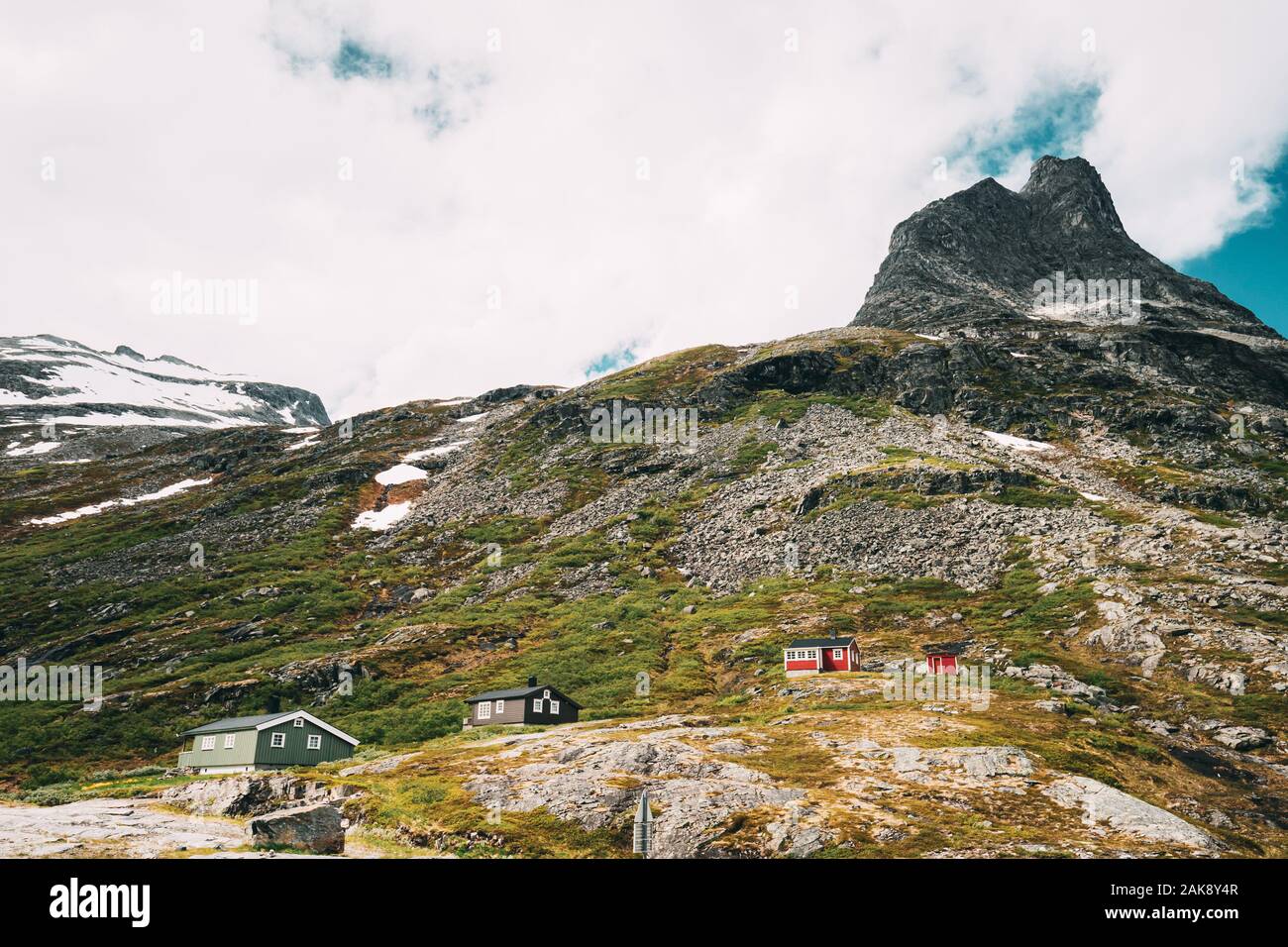 Trollstigen, Andalsnes, Norway. Wooden Houses In Mountains Landscape ...