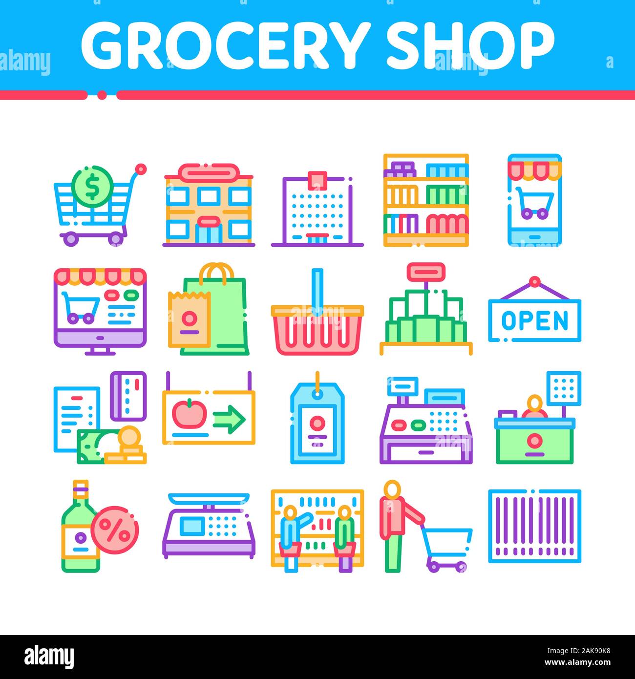 Grocery Shop Shopping Collection Icons Set Vector Stock Vector Image ...