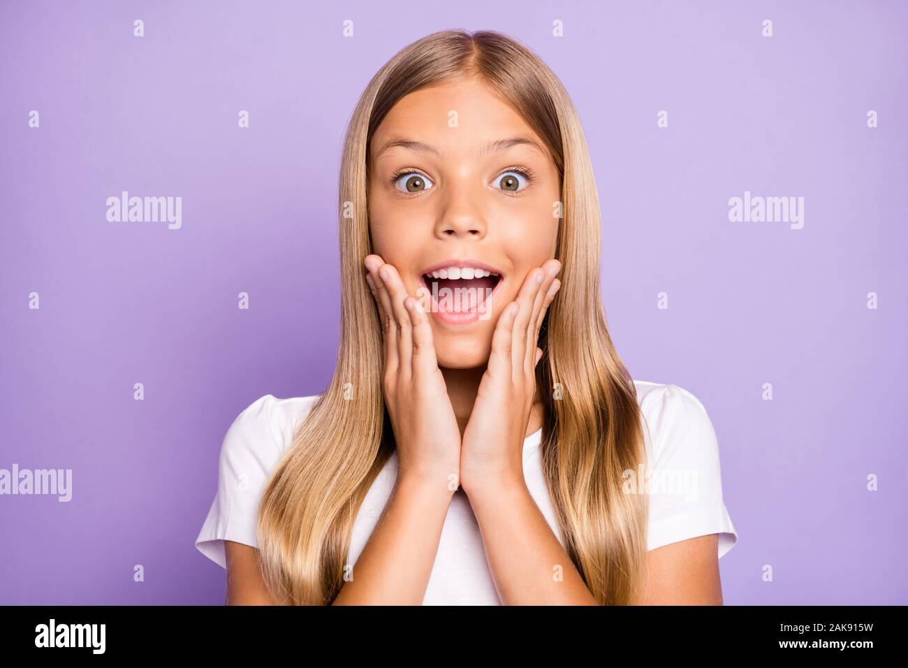 Omg Unbelievable bargain. Close up photo of positive cheerful kid hear ...