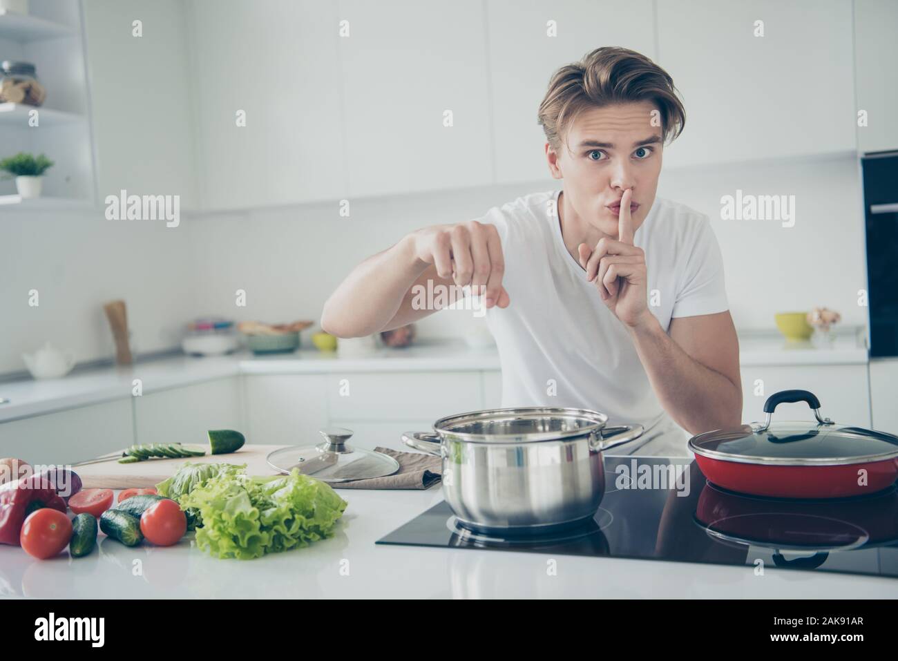Portrait of his he nice attractive lovely cute guy making organic lunch ...