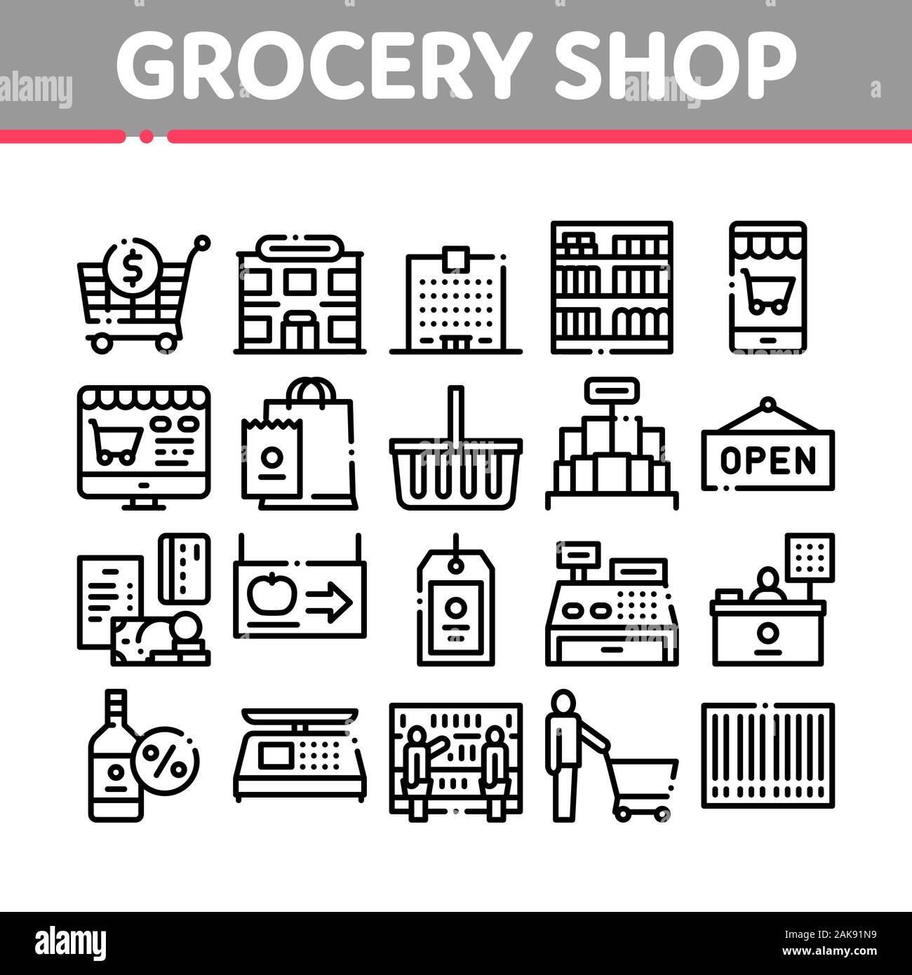 Grocery Shop Shopping Collection Icons Set Vector Stock Vector Image ...