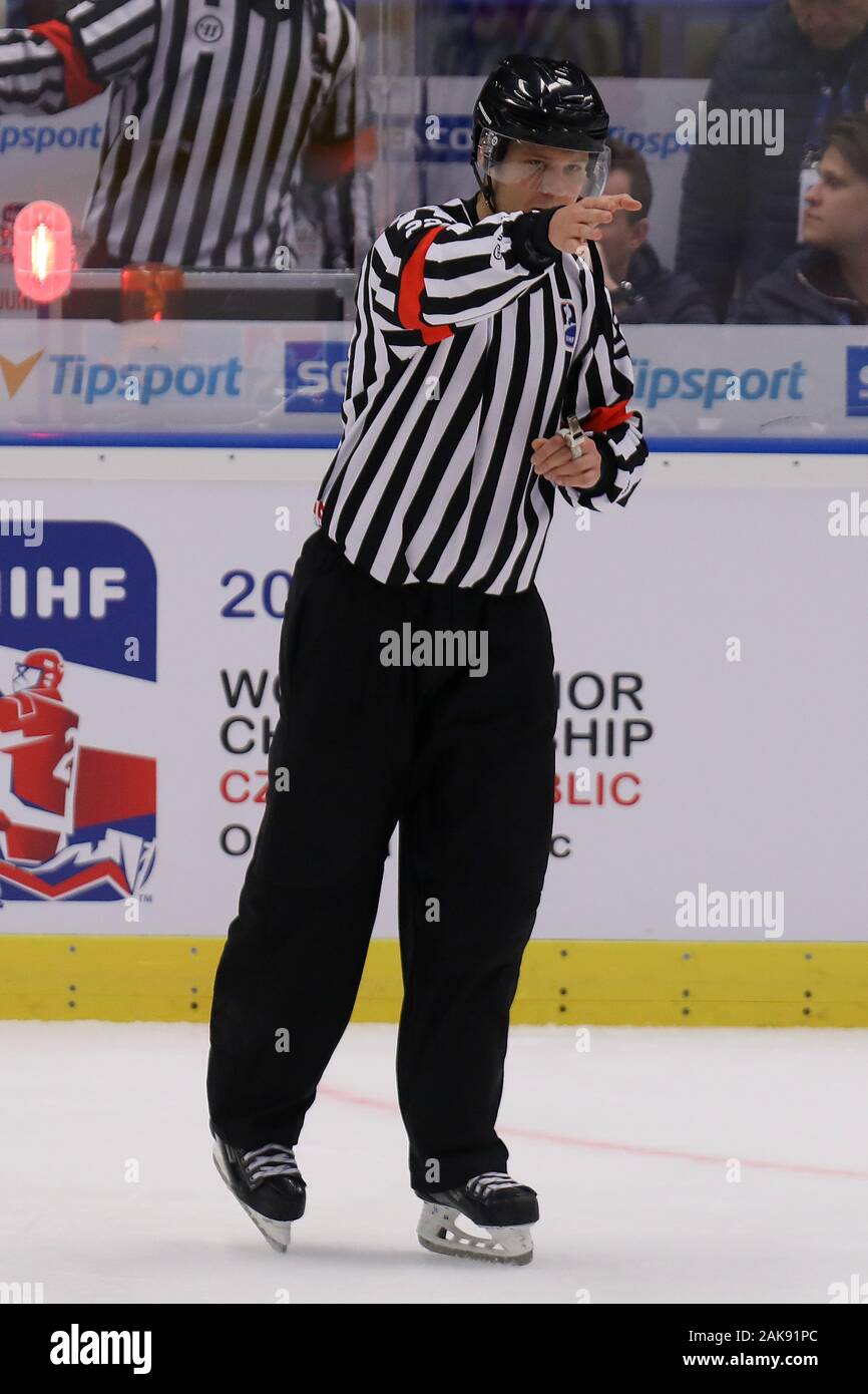 Chief referee gestures during the 2020 IIHF World Junior Ice Hockey ...