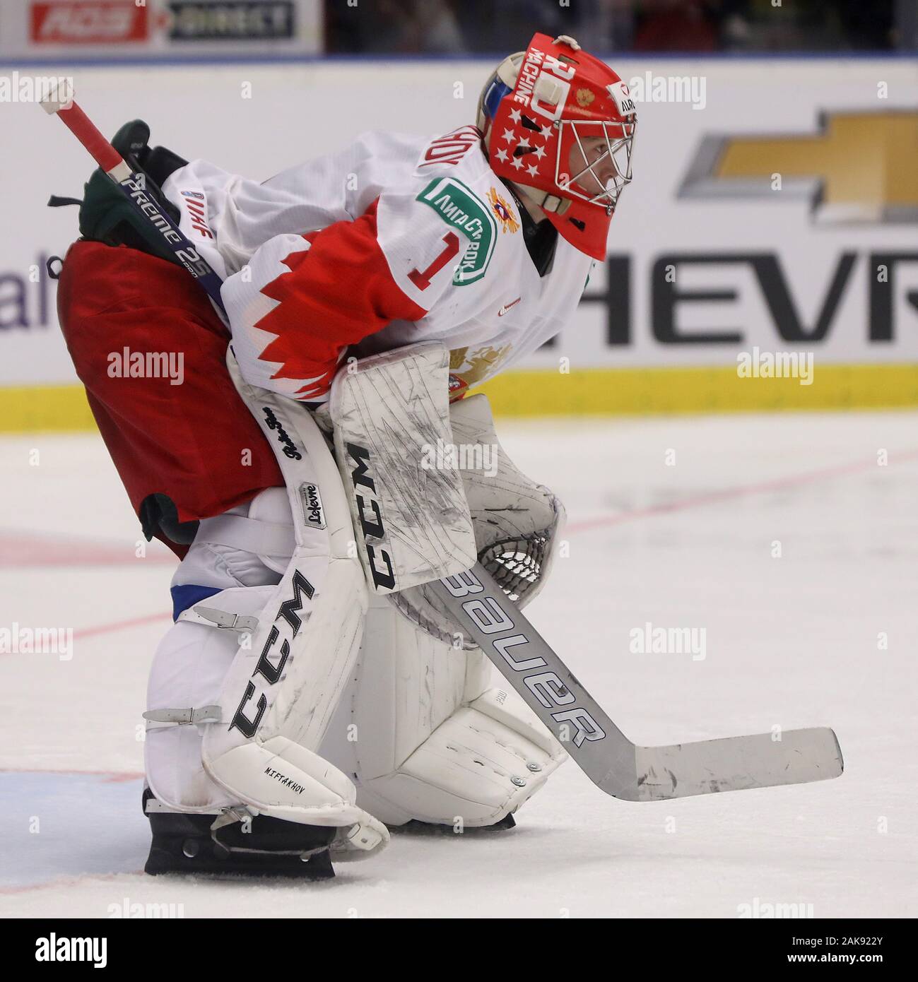 Goalkeeper Amir Miftakhov (RUS) in action during the 2020 IIHF World Junior Ice Hockey ...