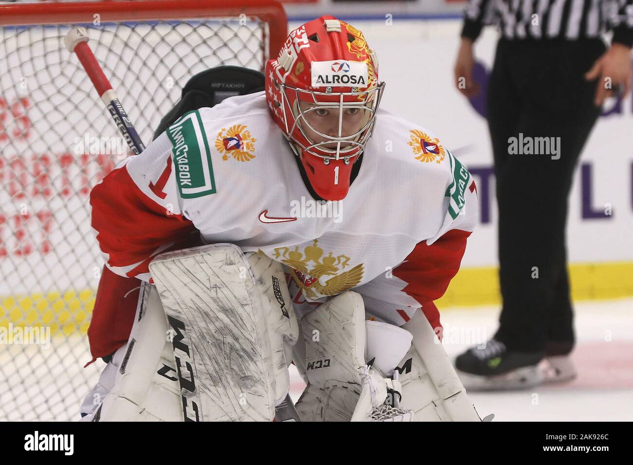 Goalkeeper Amir Miftakhov (RUS) in action during the 2020 IIHF World Junior Ice Hockey ...