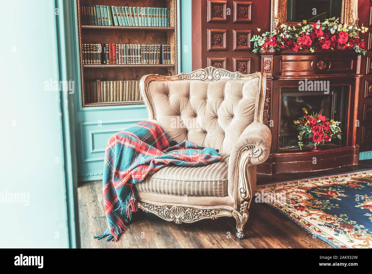 Luxury classic interior of home library. Sitting room with bookshelf ...