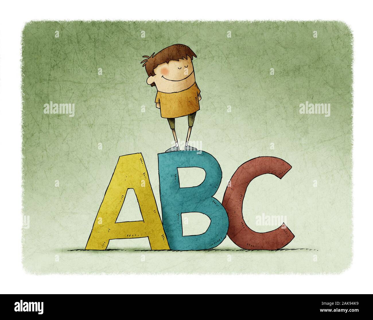 Learning letters in childhood. Very colorful illustration of a boy ...