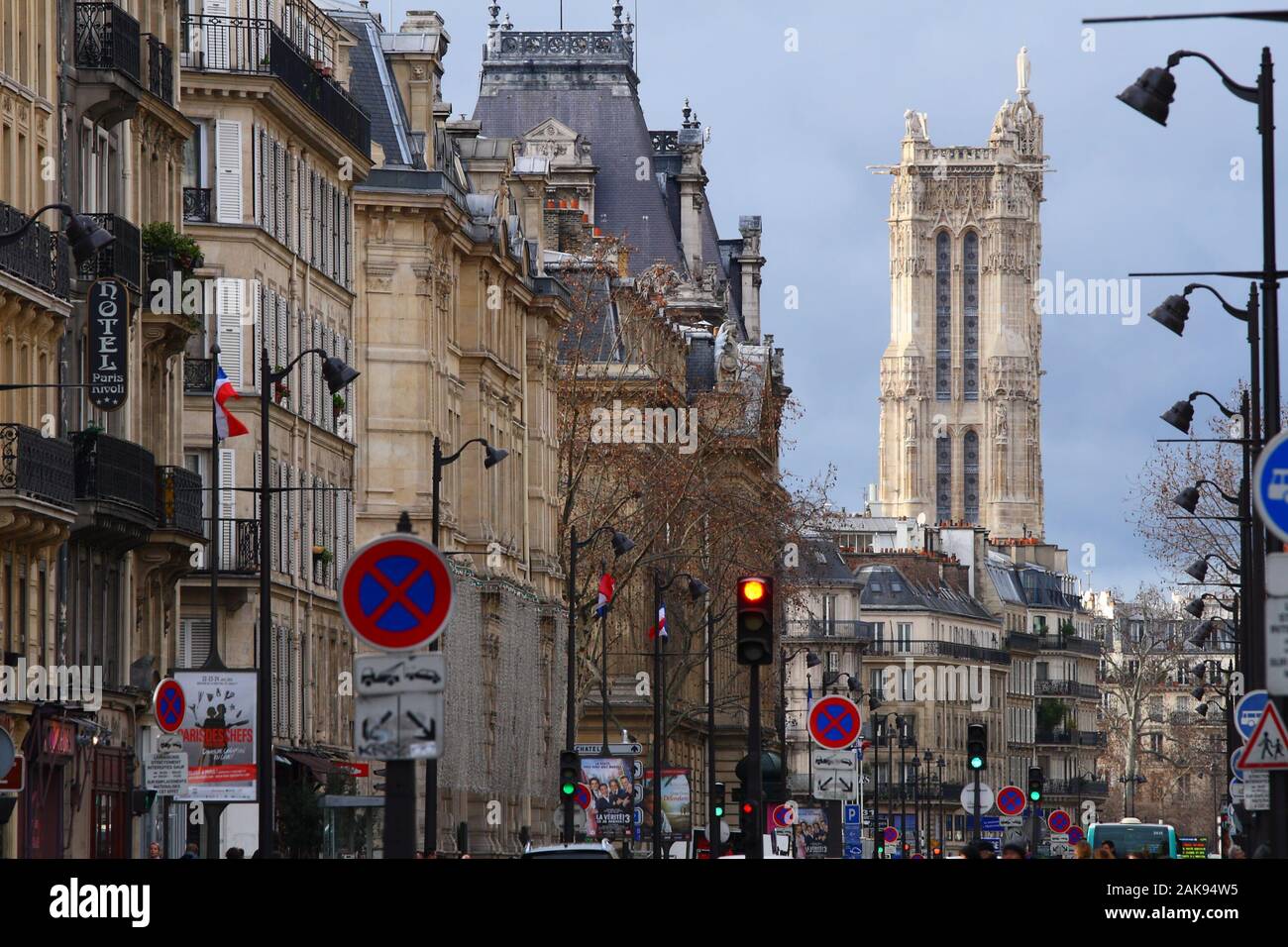 Famous Rivoli Street (Rue de Rivoli) in Paris with its buildings, ads ...