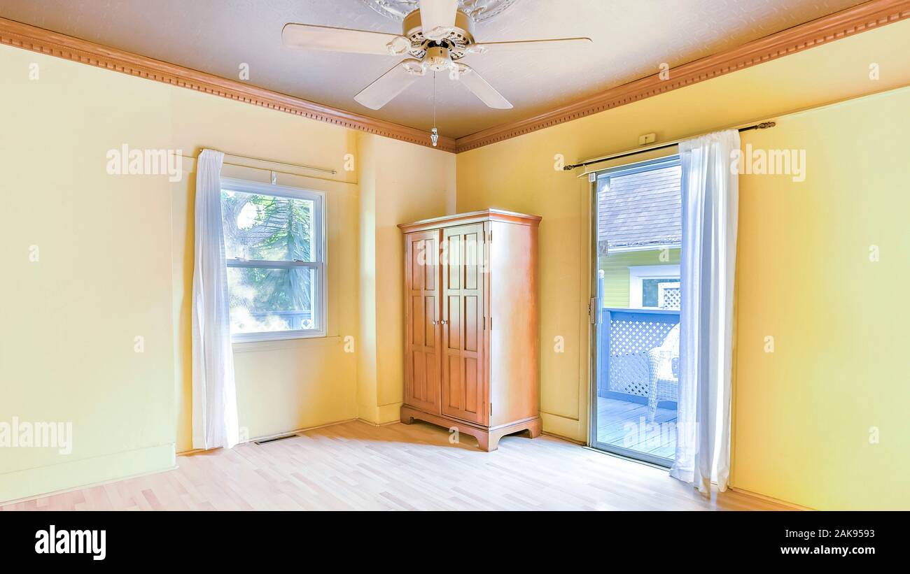 Panorama Interior of empty master bedroom in bright sunny San Diego ...