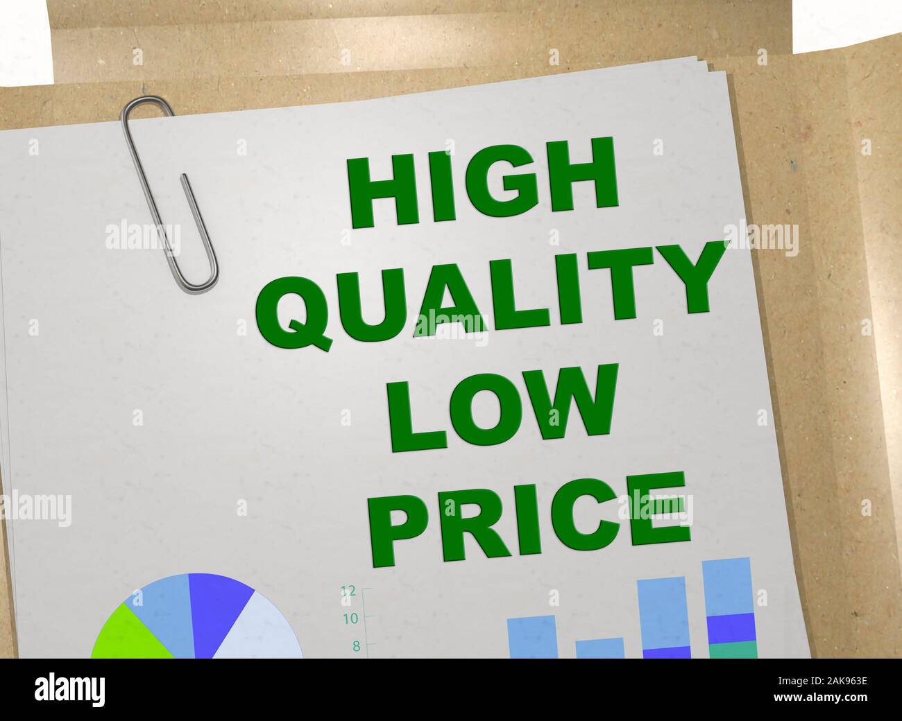 3D illustration of HIGH QUALITY LOW PRICE title on business document ...