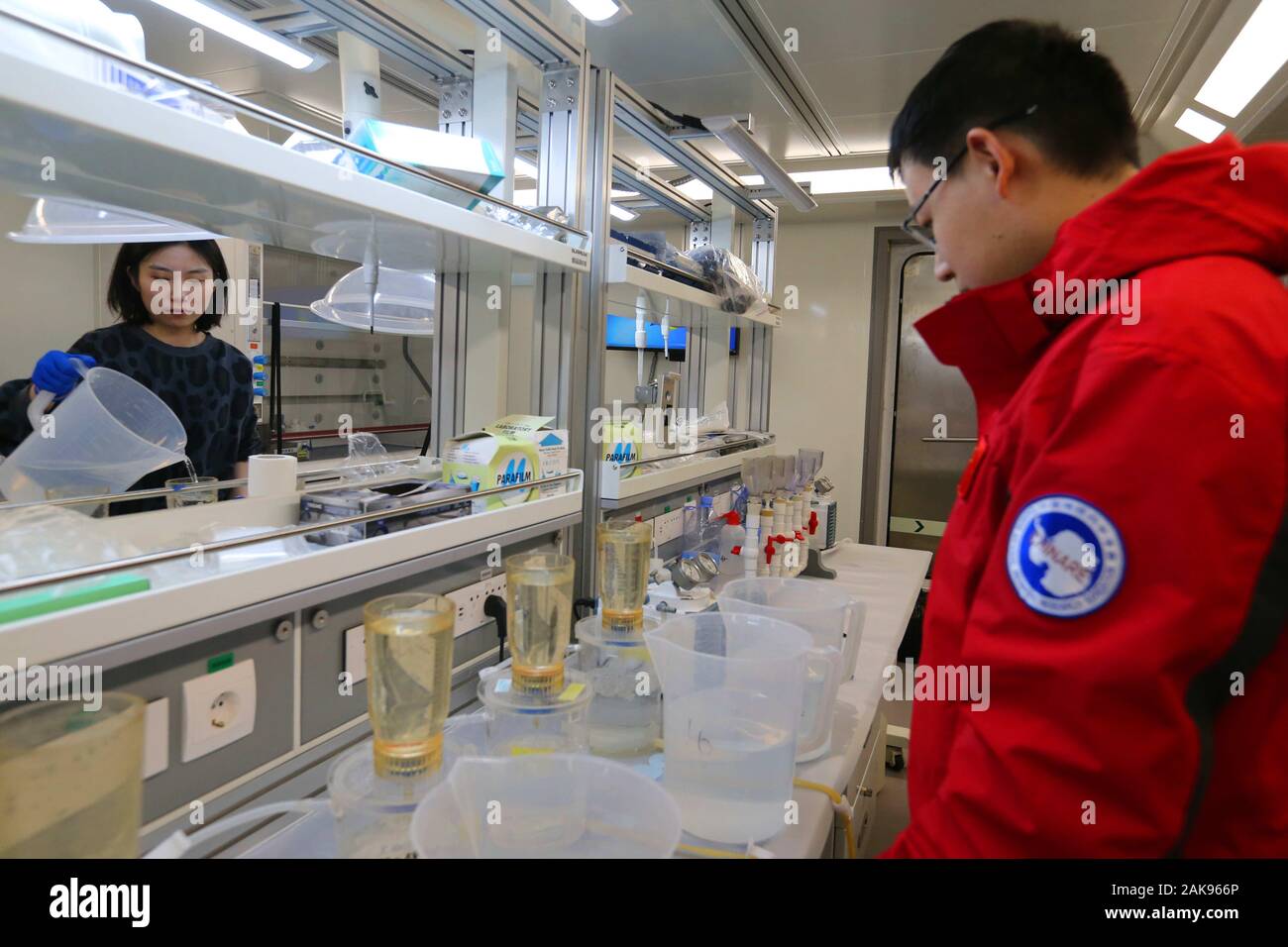Aboard Xuelong 2. 8th Jan, 2020. Expedition team members process water ...