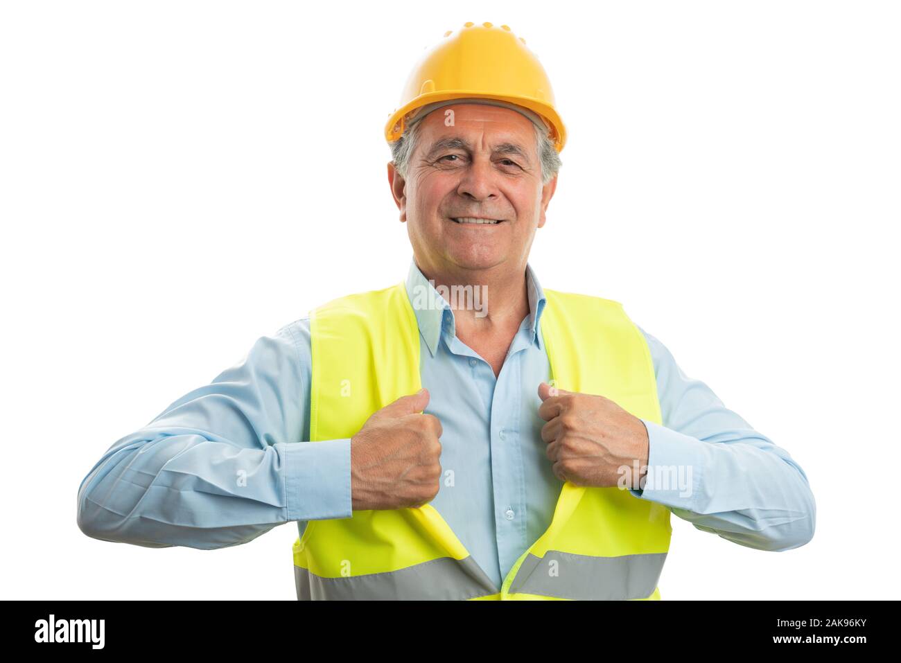 Hero shot of old male builder revealing shirt under yellow fluorescent ...