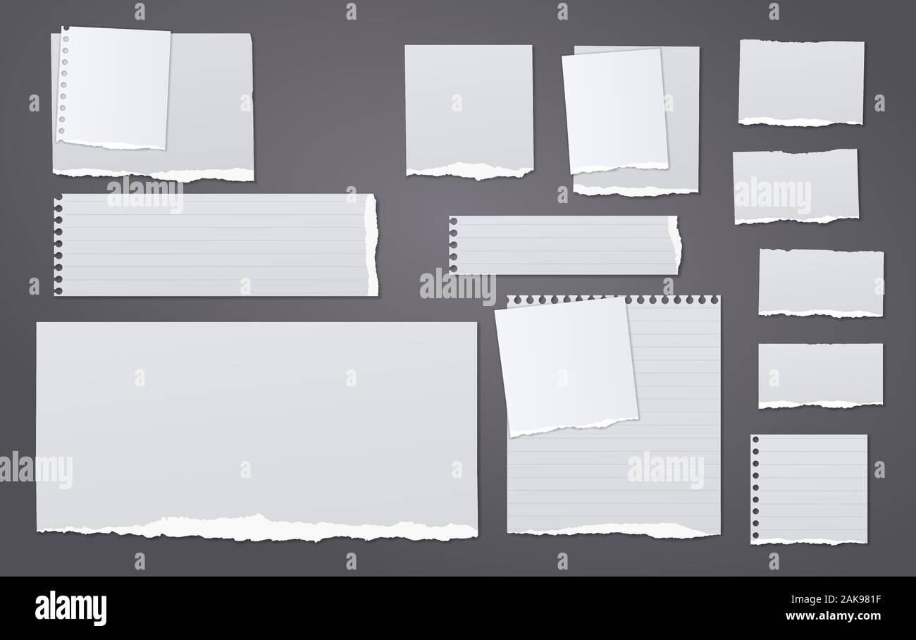 Set of torn white note, notebook paper strips and pieces with soft ...