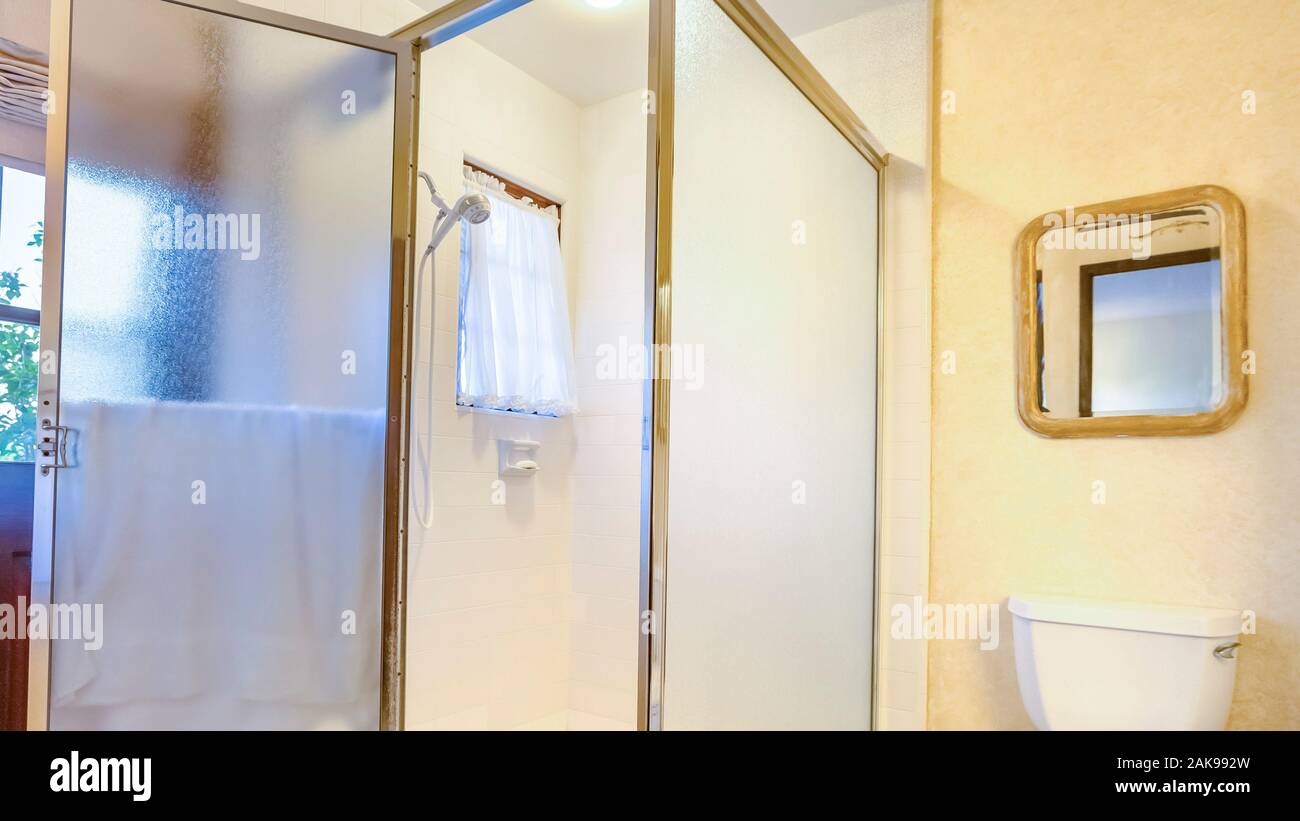 Panorama frame Walk in shower in southern california home with warm ...