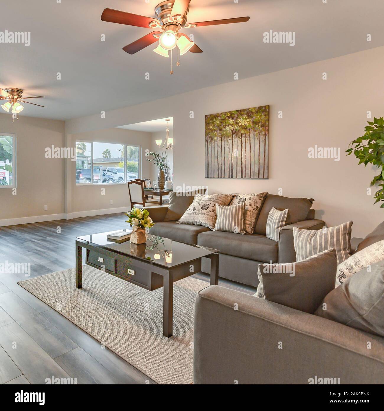 Square Living room with double windows in the background Stock Photo ...