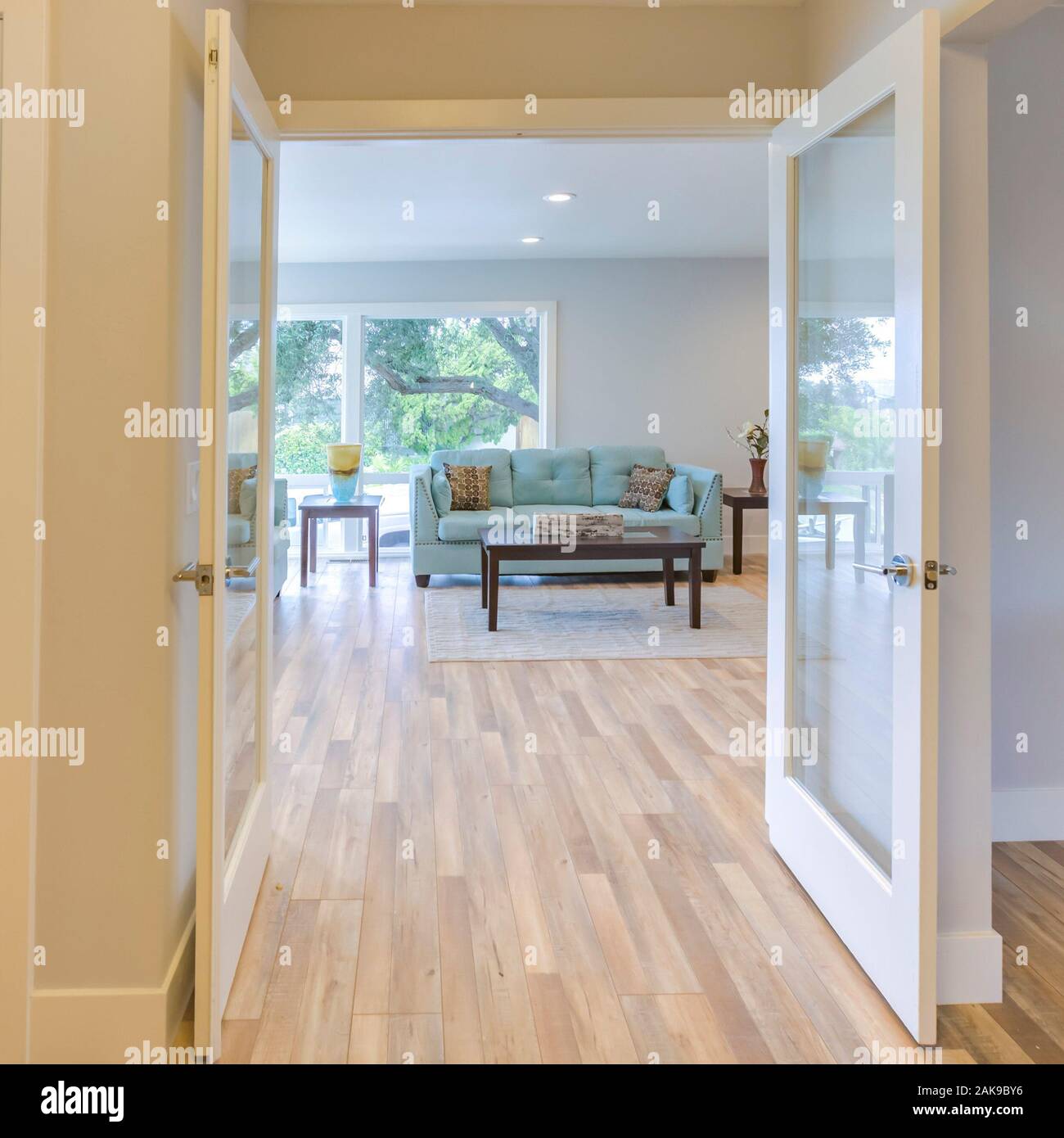 Square frame Living room with double doors Stock Photo - Alamy