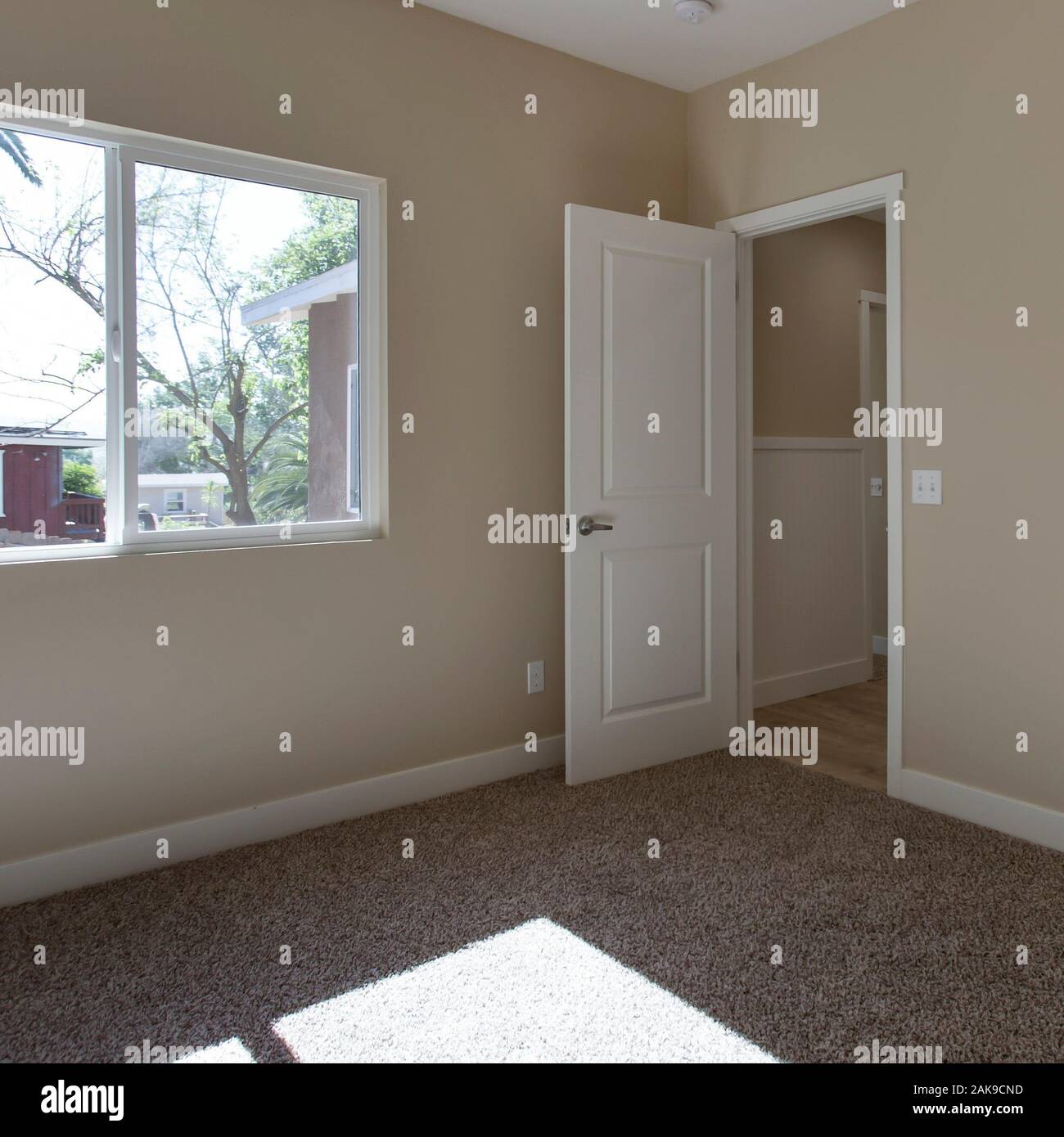 Square Empty bedroom view of backyard out window Stock Photo - Alamy