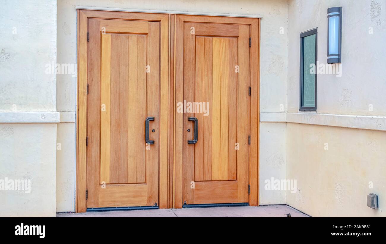 Panorama frame Closed double wooden entrance doors on cloudy day Stock ...