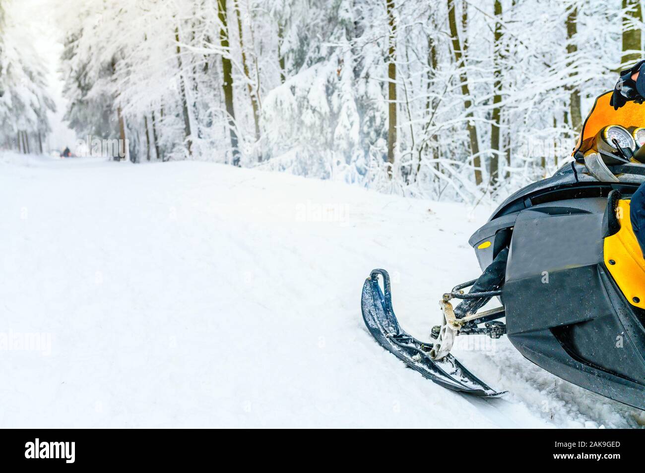 Snowmobile in white winter nature, edit space, white background Stock ...