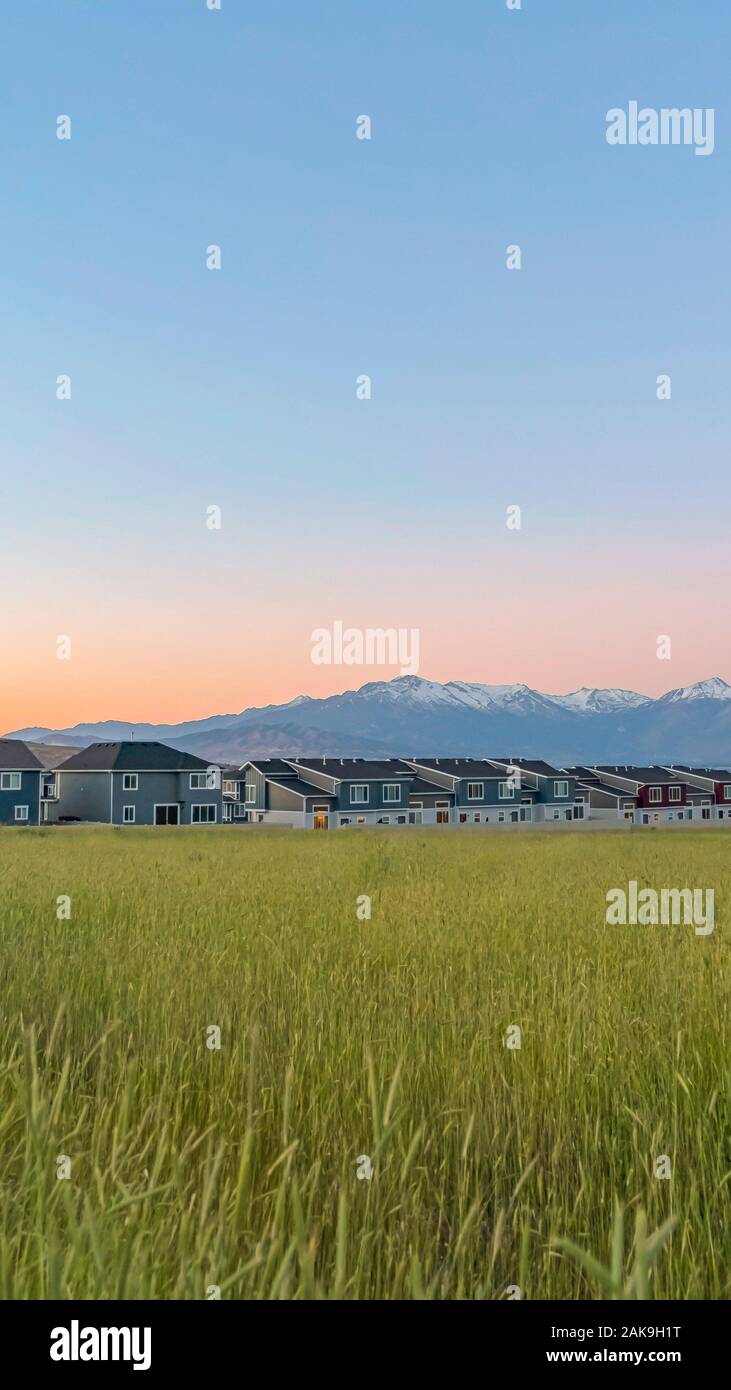 Vertical Vast terrain with green grasses against houses mountain and ...