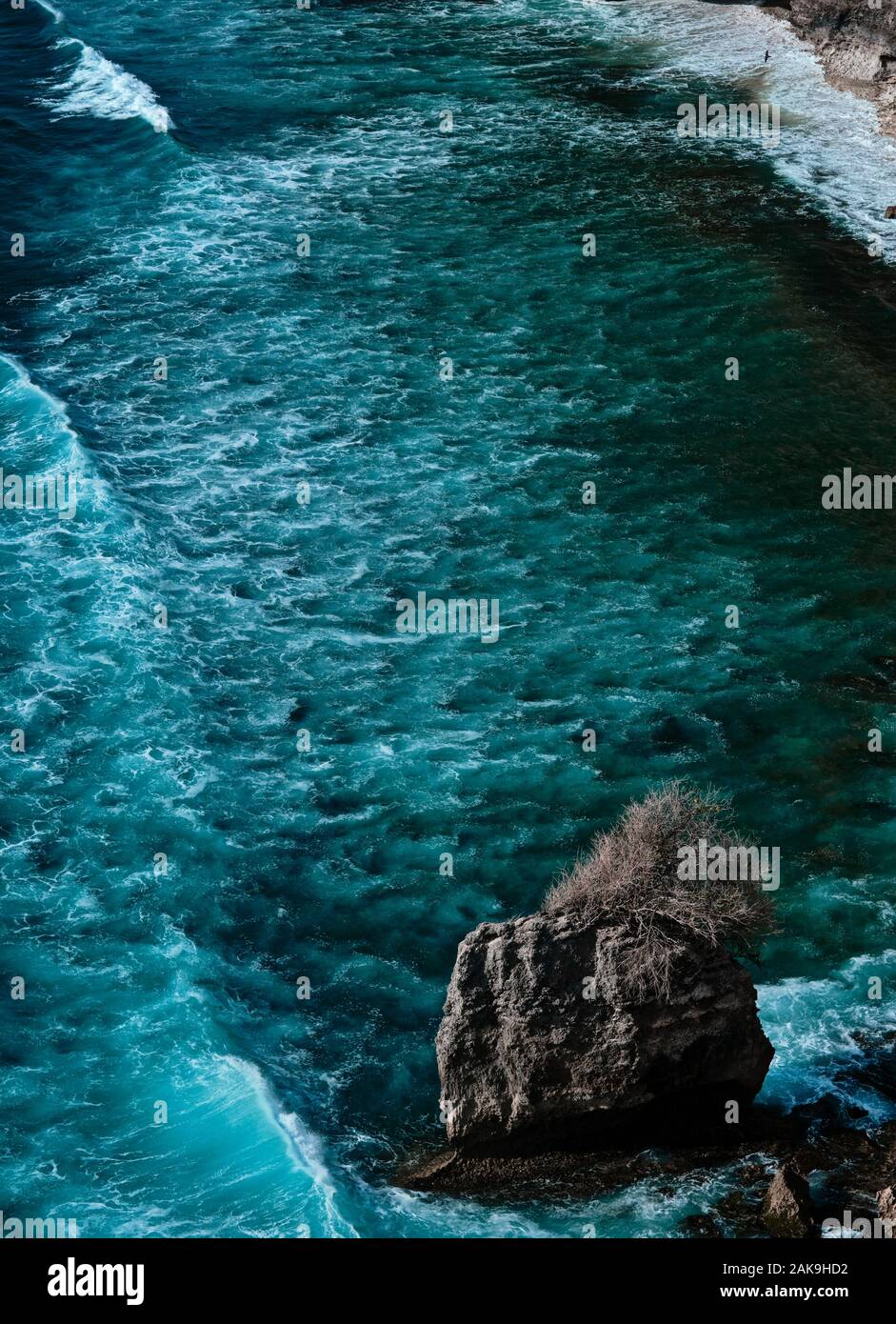 Aerial view to sea landscape, water with waves and rocks. Aerial view ...