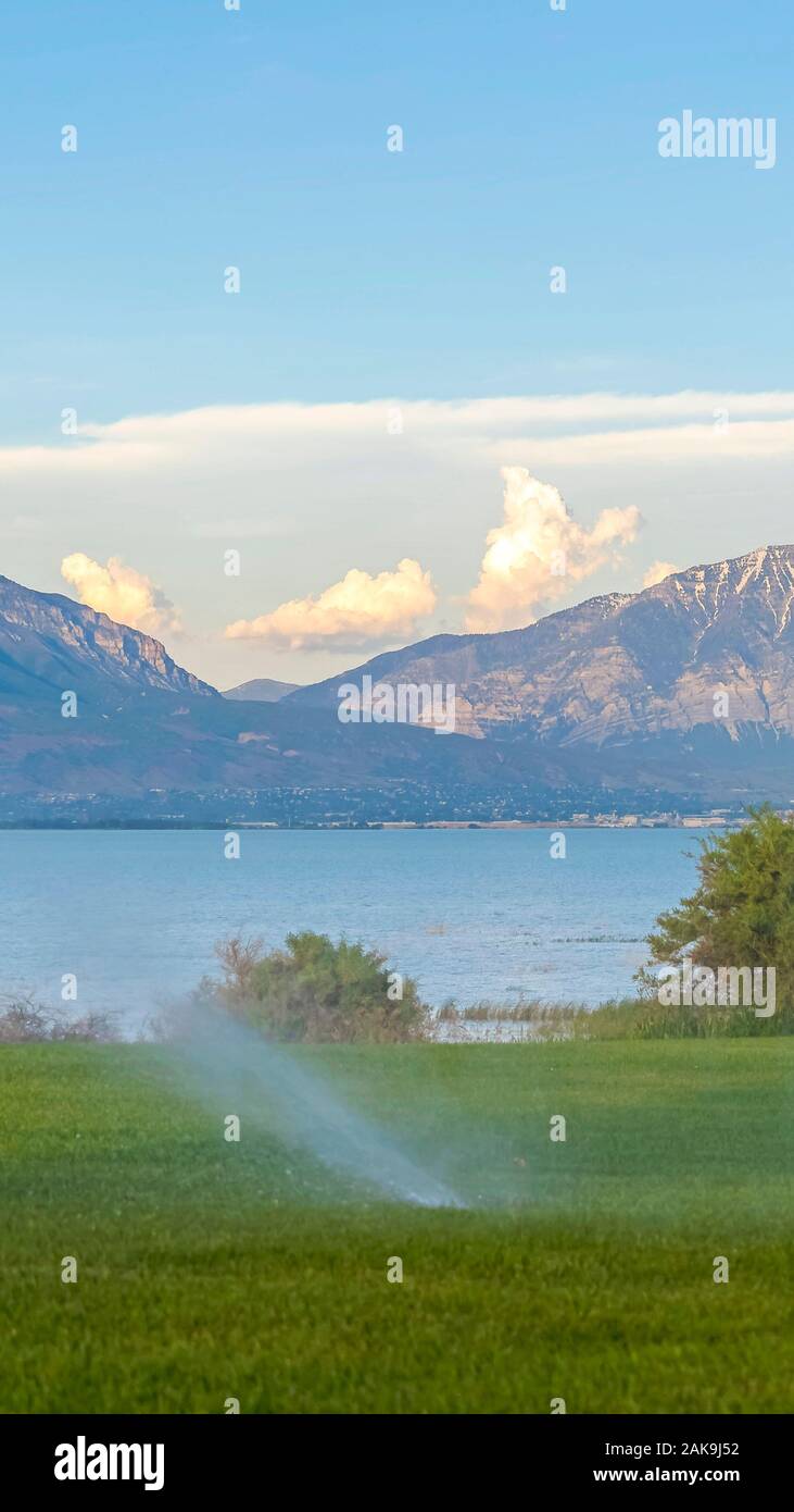 Vertical Water from sprinklers on a green grassy land with scenic ...