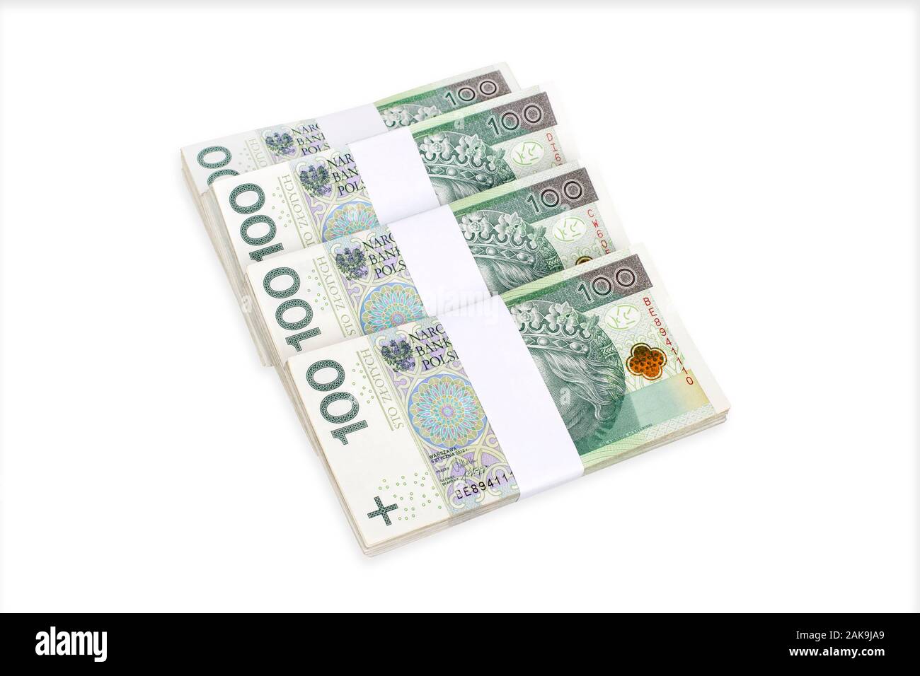 Bundles of polish 100 zloty banknotes top view. Isolated on white. Path ...