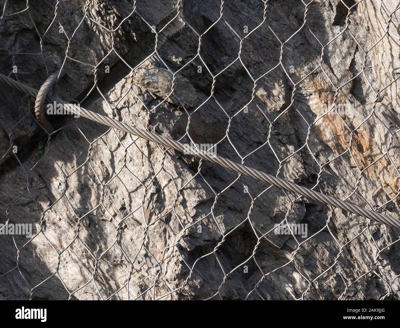 detail of metal mesh and wires used to protect mountain roads from ...
