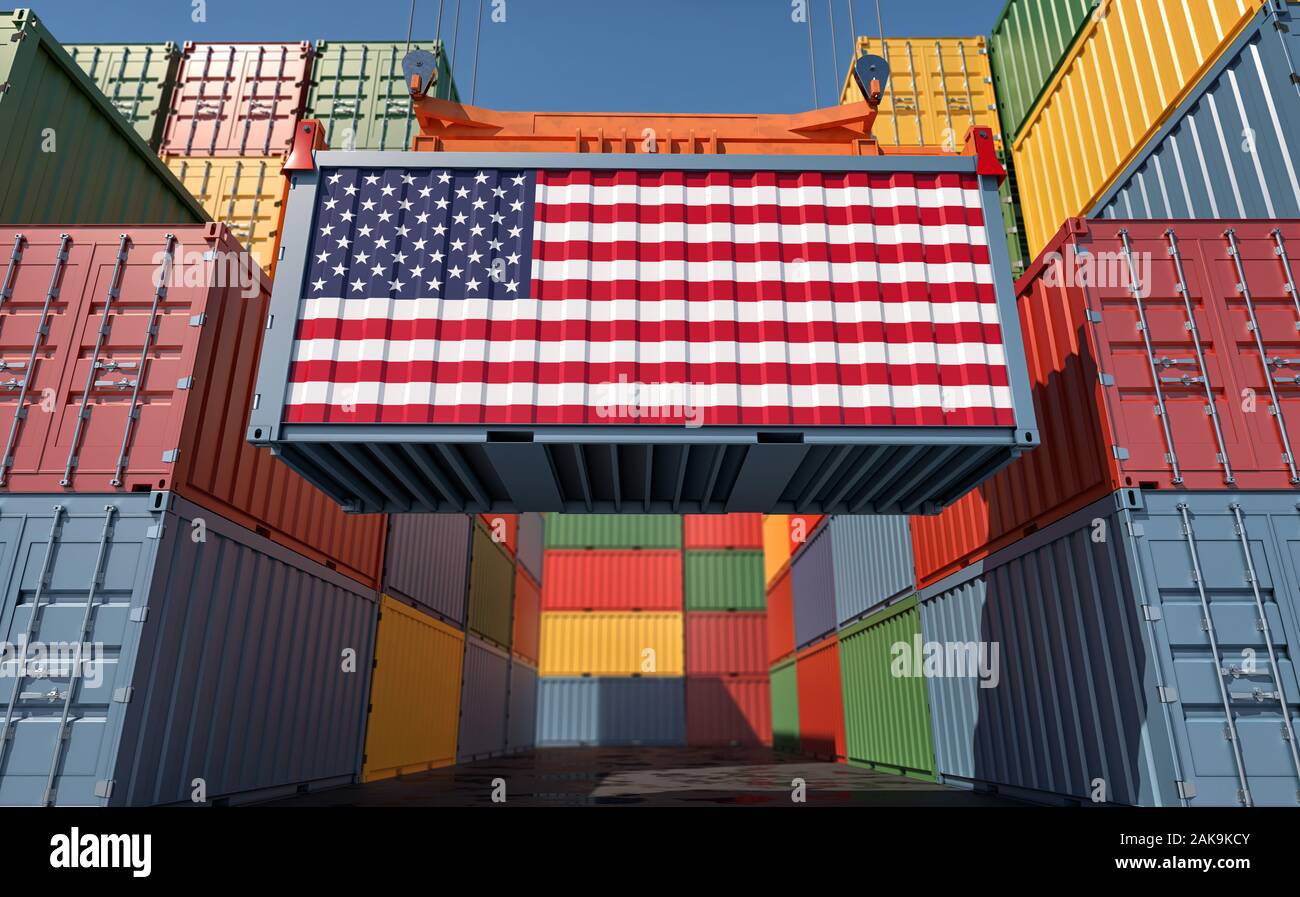 Container Terminal - Shipping Container with USA flag. 3D Rendering ...