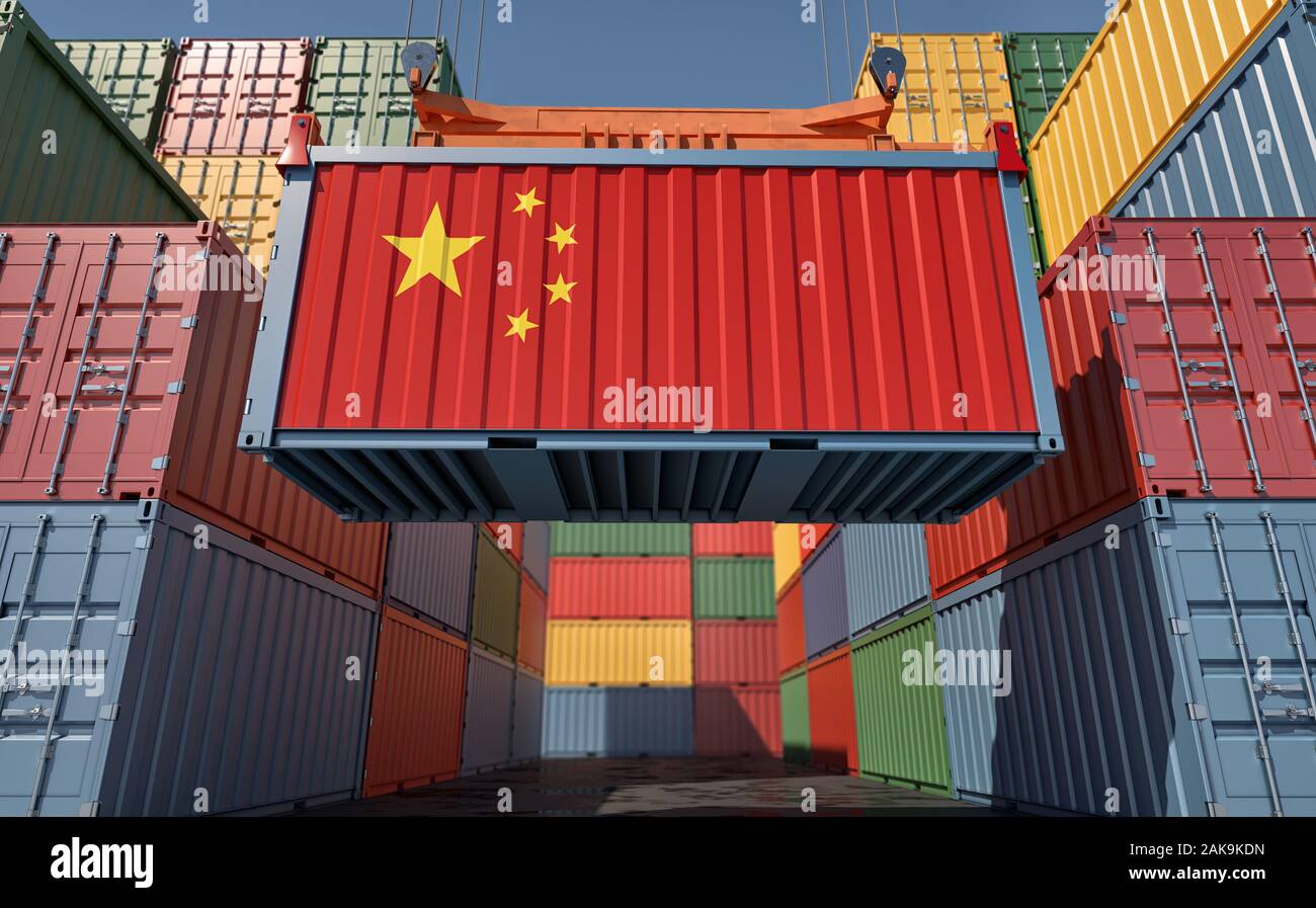 Container Terminal - Shipping Container with China flag. 3D Rendering ...