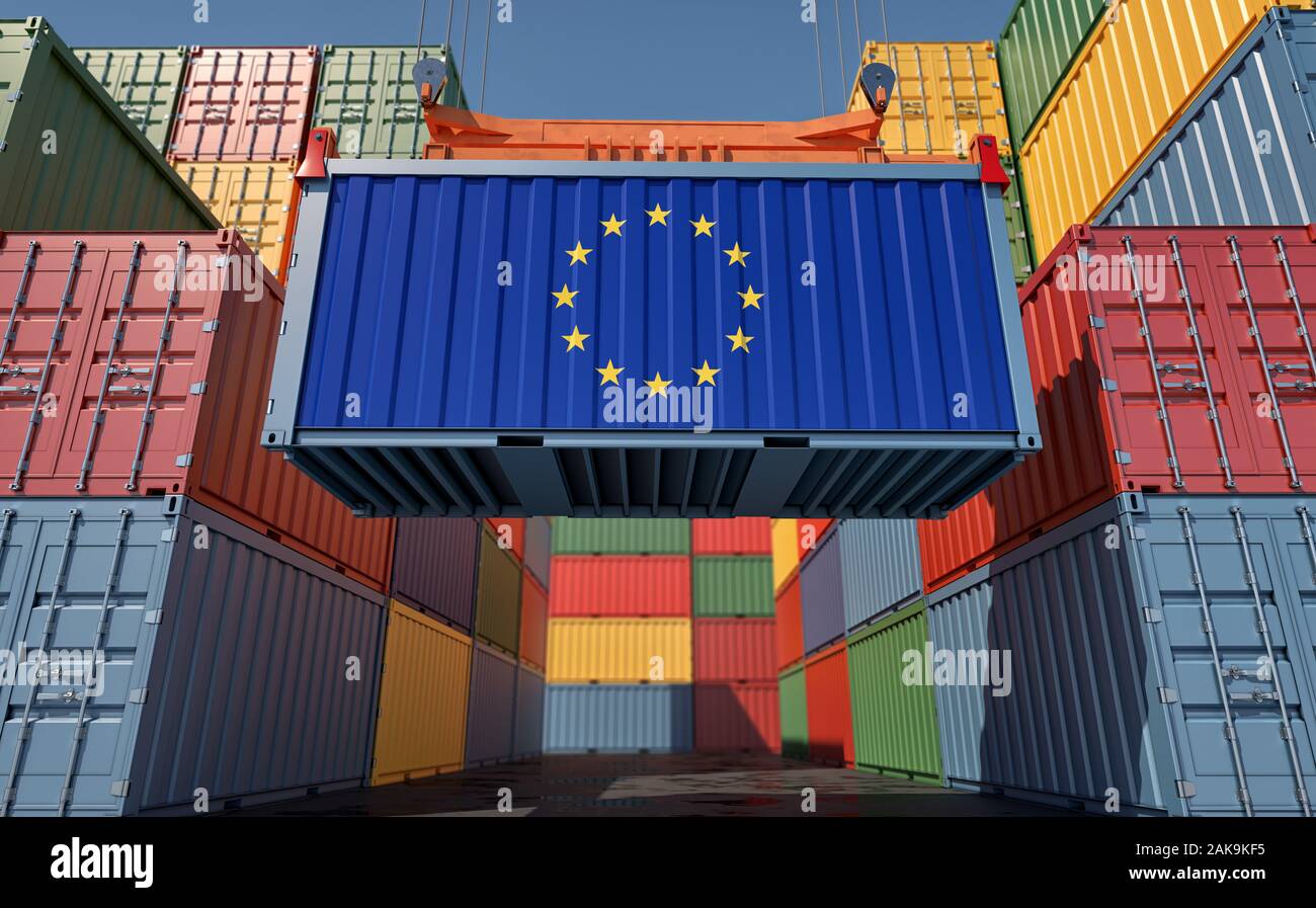 Container Terminal - Shipping Container with European Union flag. 3D ...