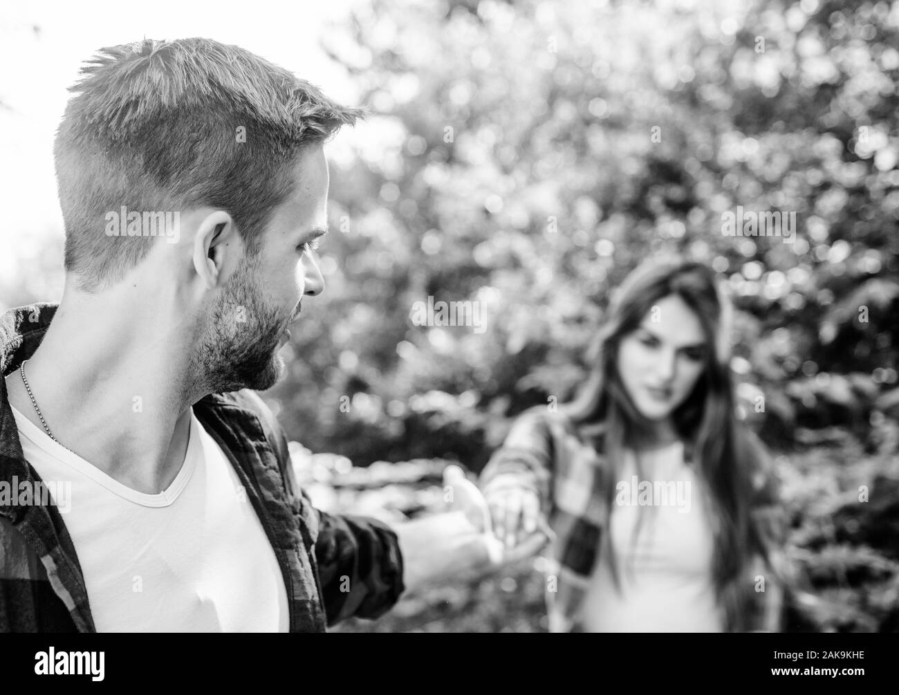 Starting relationship. Couple relationship. Follow me. Couple outdoors ...