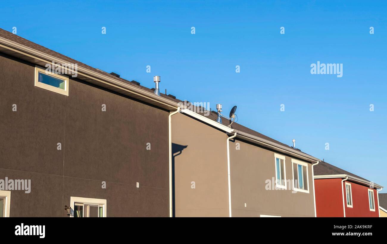 Pano frame Houses with close up view of exterior walls windows and ...