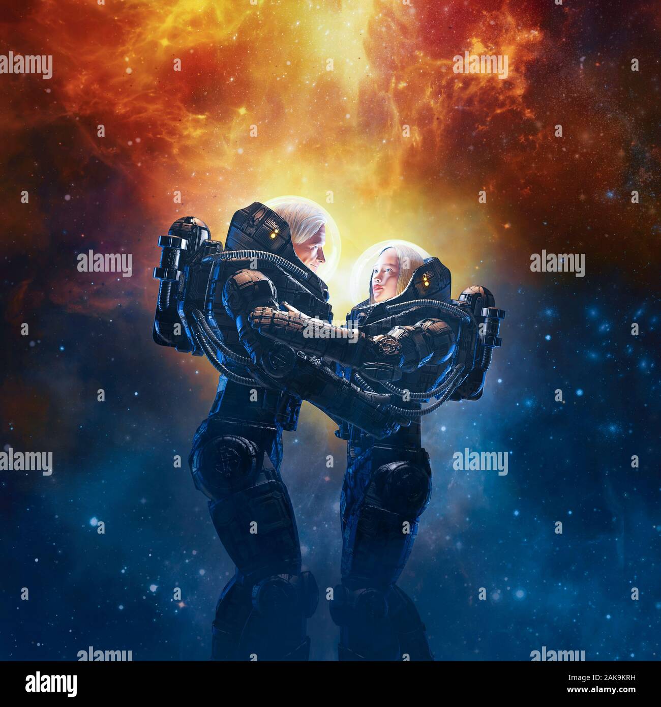Written in the stars / 3D illustration of male and female astronaut ...