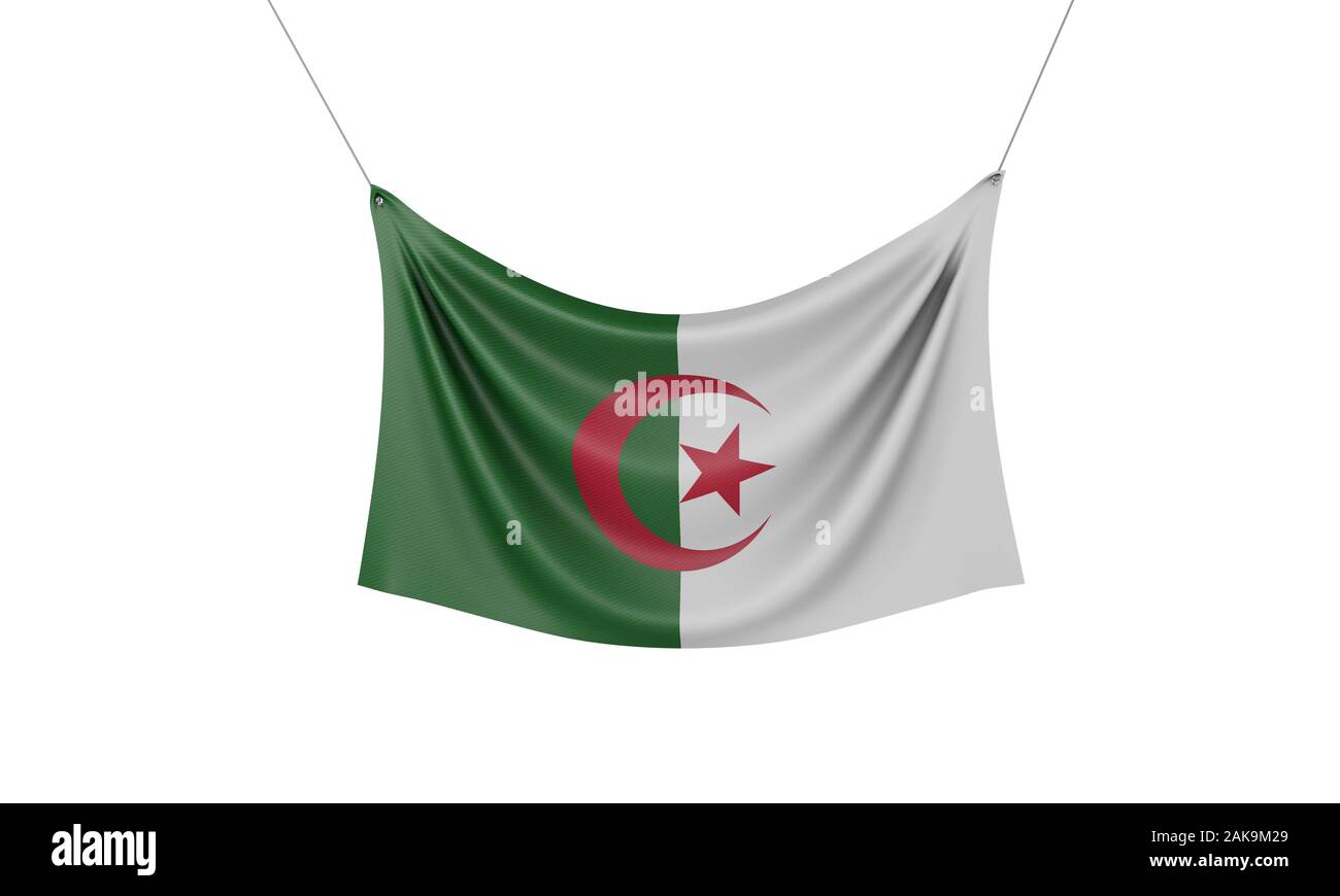 Algeria national flag hanging fabric banner. 3D Rendering Stock Photo ...