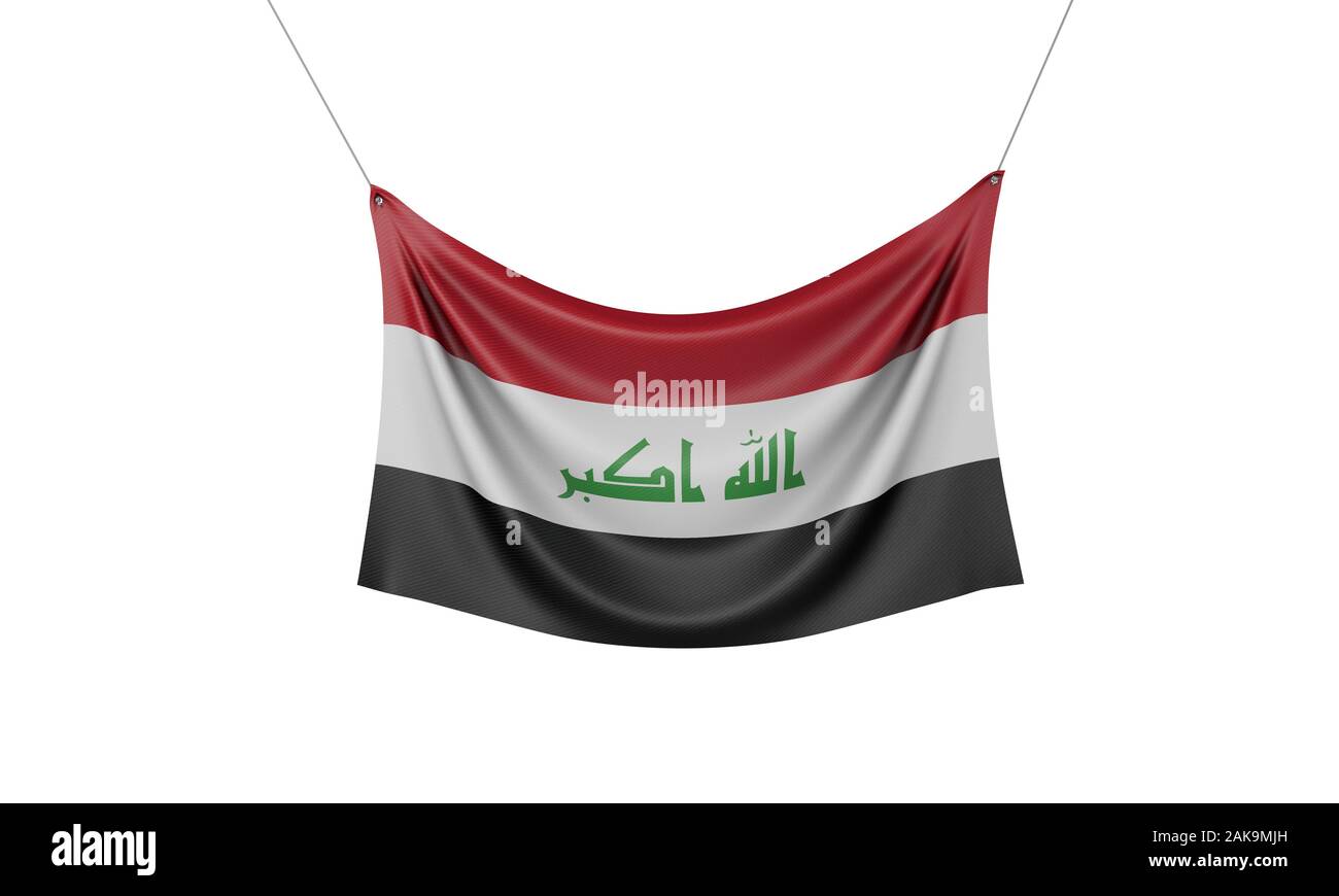 Iraq national flag hanging fabric banner. 3D Rendering Stock Photo - Alamy