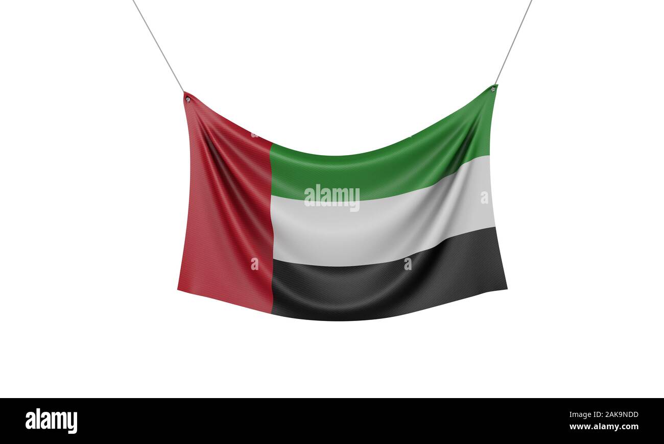 UAE national flag hanging fabric banner. 3D Rendering Stock Photo - Alamy