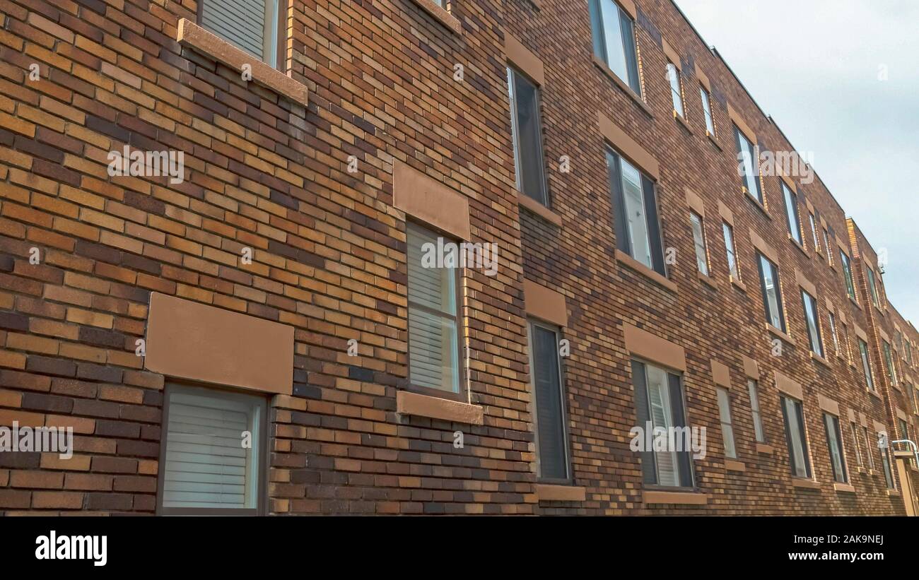 Pano frame Exterior of an old classic building with brick wall and ...