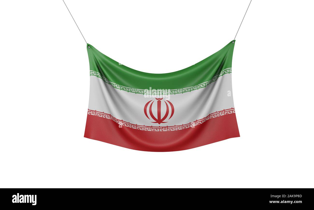 Iran national flag hanging fabric banner. 3D Rendering Stock Photo - Alamy