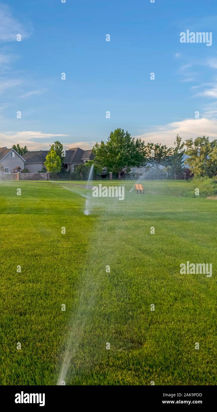 Vertical Sprinklers spraying water on green grasses with homes mountain ...