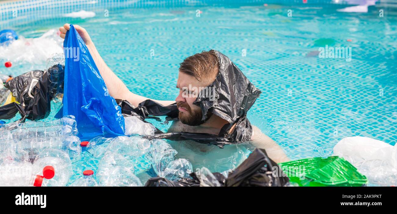 Ecology, plastic trash, environmental emergency and water pollution ...