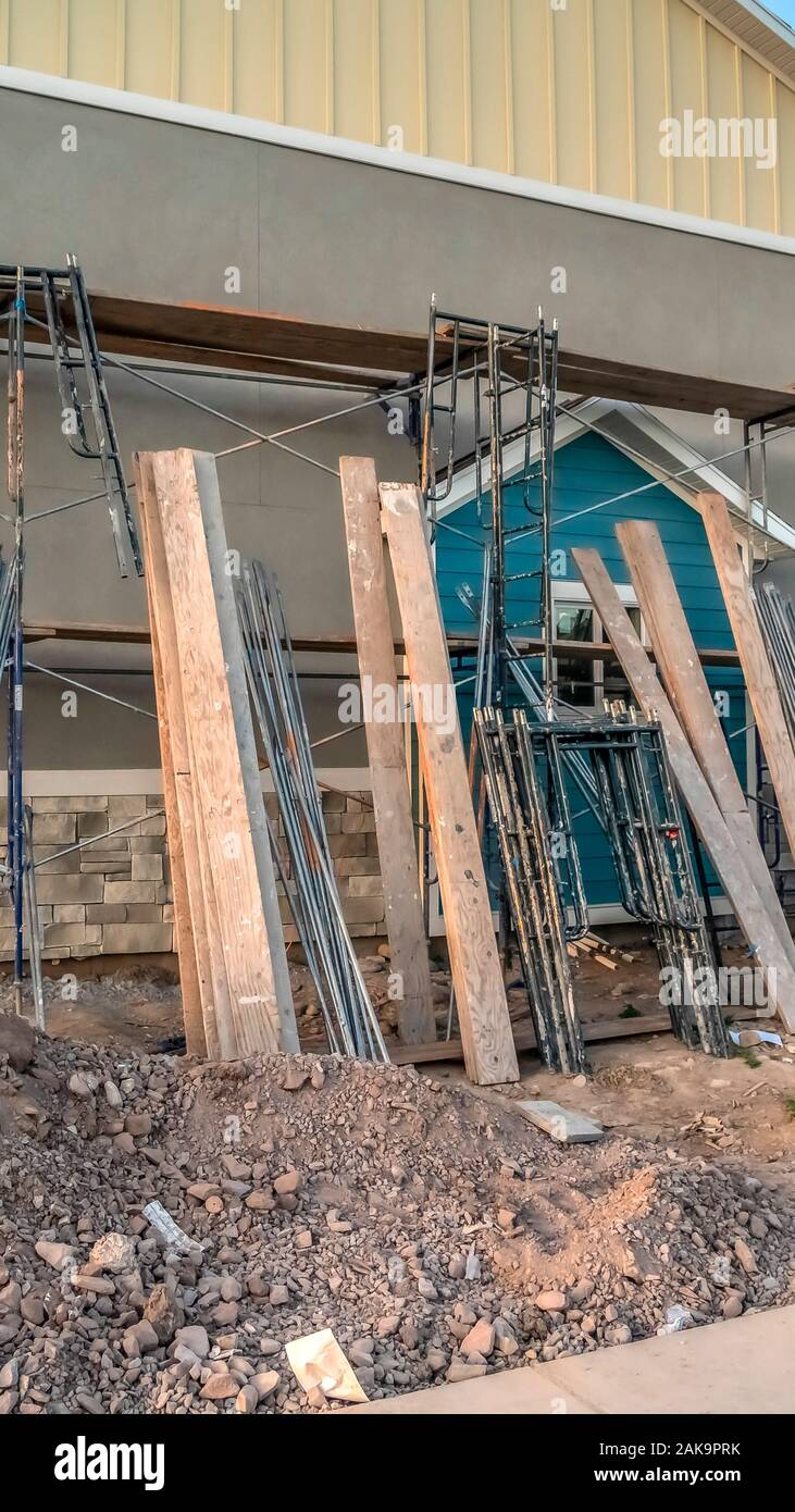 Vertical frame Residential construction with scaffolding and wooden ...
